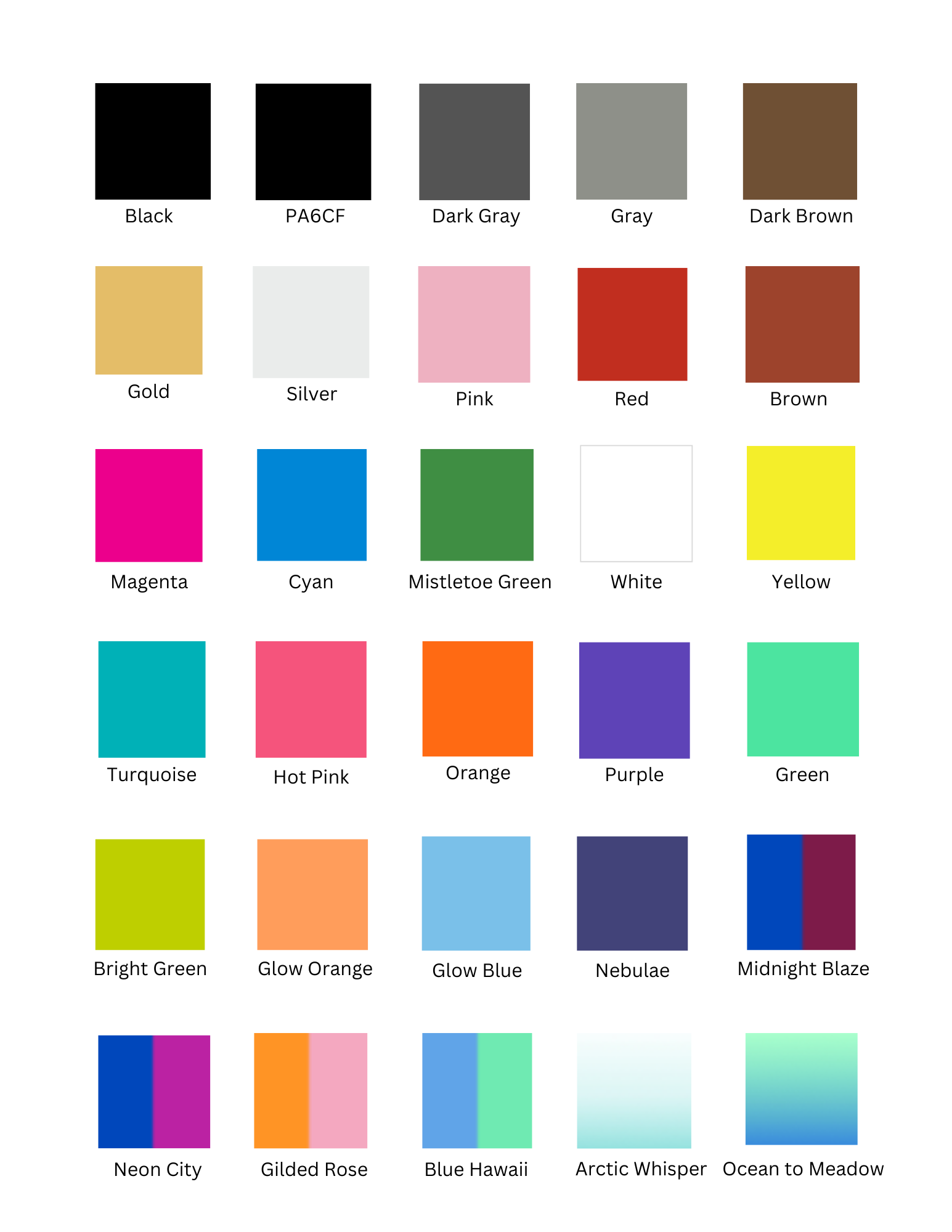 Color swatch for 3D printing colors